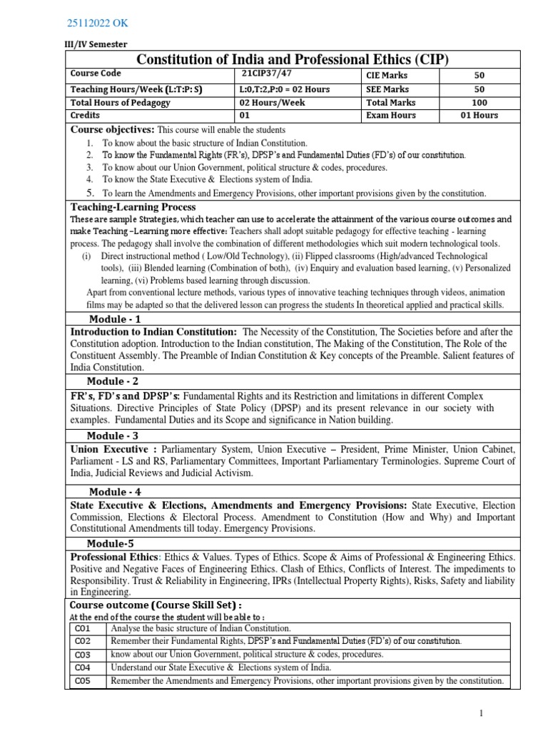 Constitution of India and Professional Ethics (CIP) | PDF ...