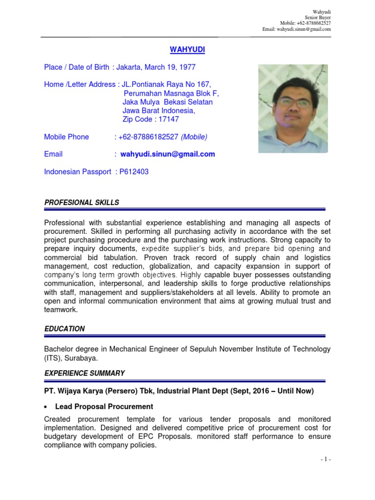 Wahyudi - CV | PDF | Procurement | Project Management