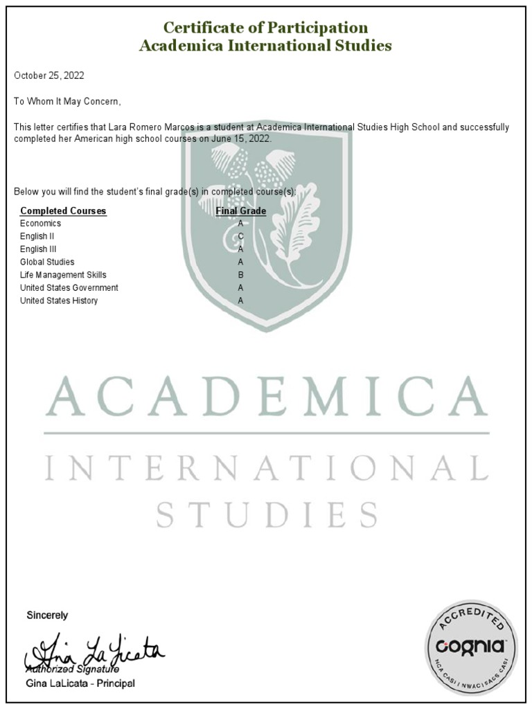 Romero Marcos, Lara - AIS Global Dual Diploma Certificate of ...