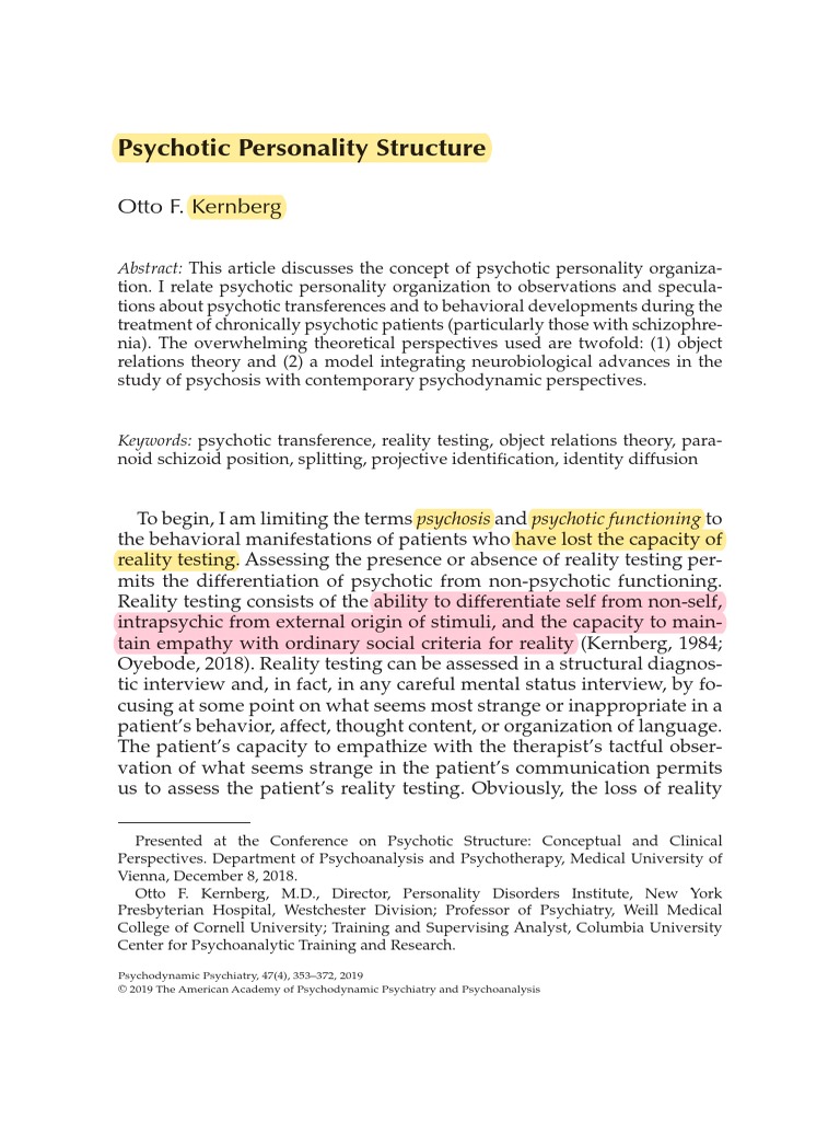 Kernberg2019 - Psychotic Structure | PDF | Psychosis | Psychoanalysis