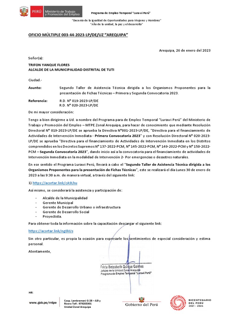 OFICIO MÚLTIPLE #003-44-2023 LPDEUZ AREQUIPA 1ra y 2da Convocatoria TUTI | PDF | Gobierno