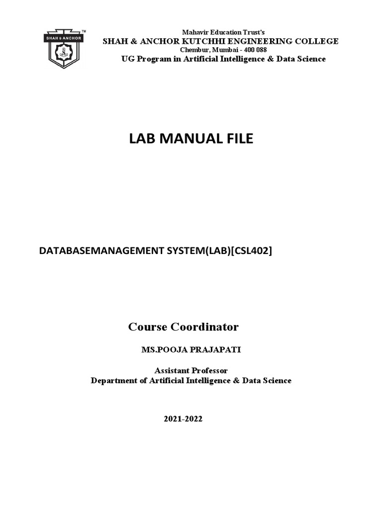 Lab Manual File: Course Coordinator | PDF | Relational Database | Pl/Sql