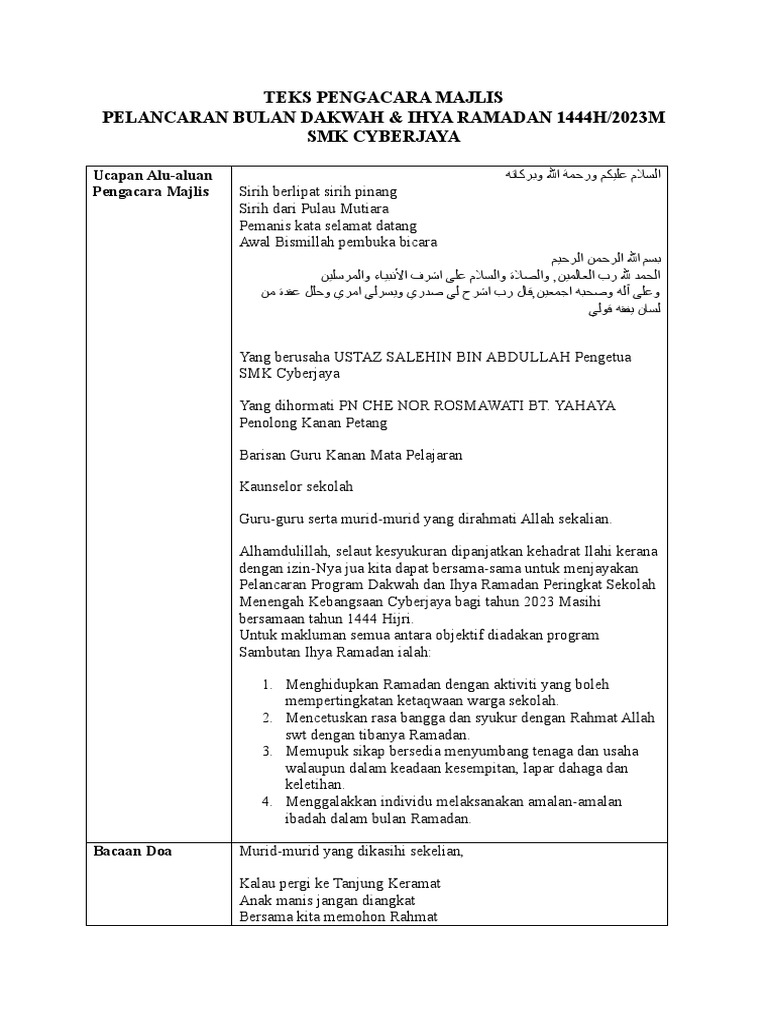 Teks Pengacara Majlis Pelancaran Bulan Dakwah Dan Ihya Ramadan | PDF