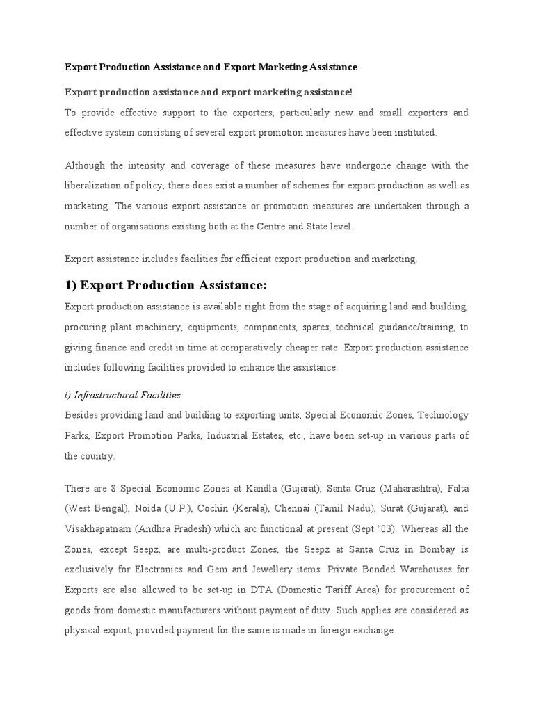 Export Production Assistance and Export Marketing Assistance | PDF ...