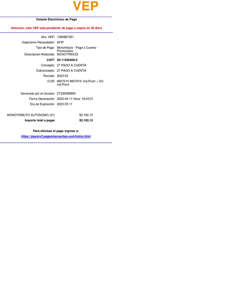 03-Afip Vep Cuit 20116264065 | PDF | Negocios | Finanzas y administración del dinero