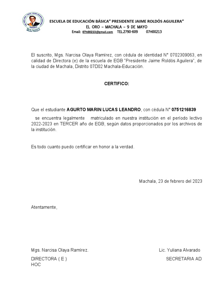 Certificado de Matricula 2022-2023 | PDF