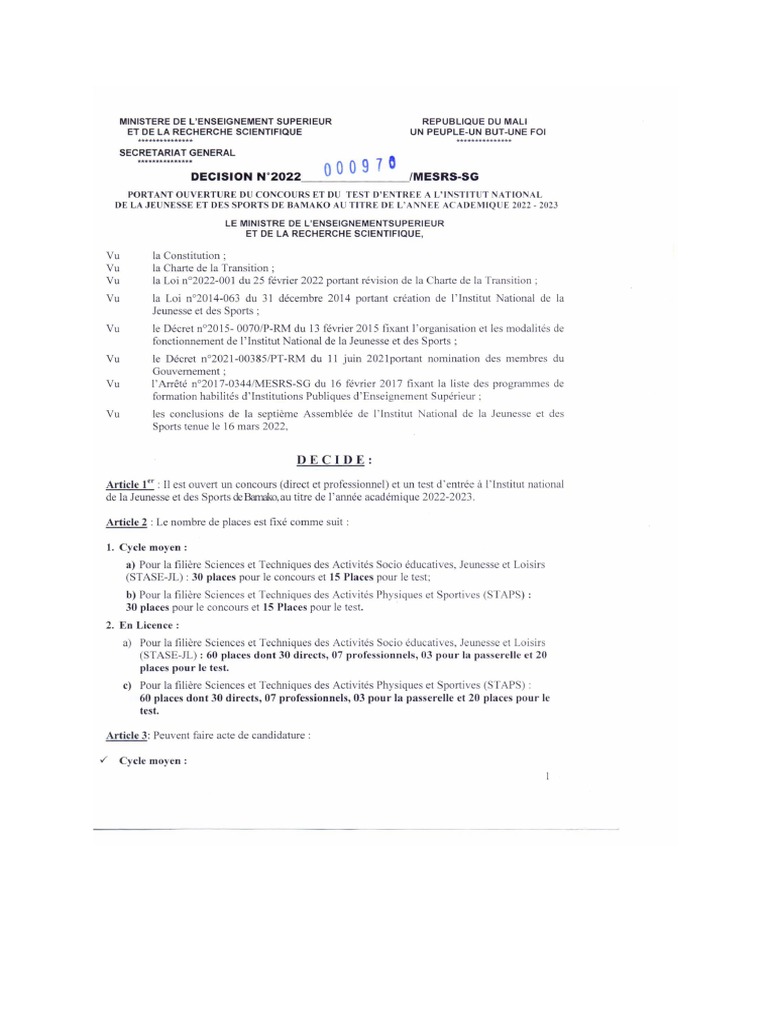 Decision Du Concours Entree Injs 2023 | PDF