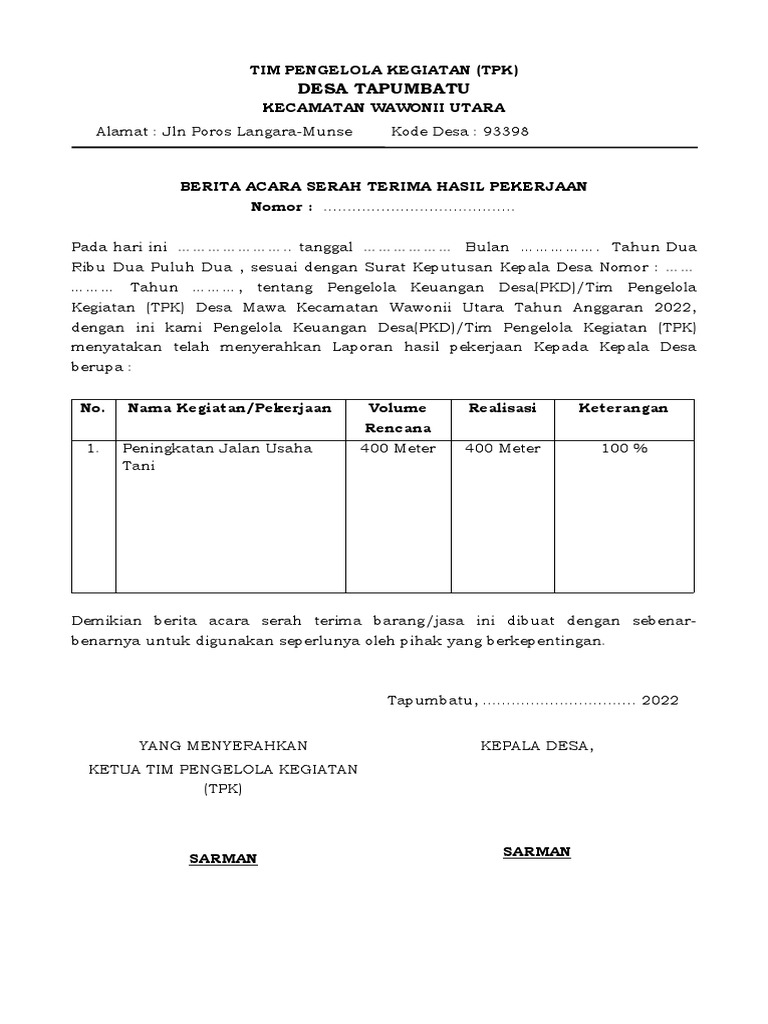 Contoh BA. Serah Terima Hasil Pekerjaan | PDF