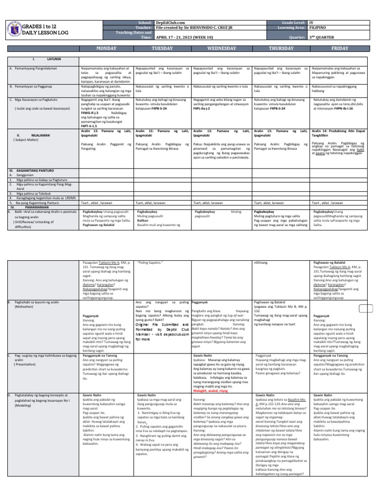 DLL - Filipino 4 - Q3 - W10 | PDF