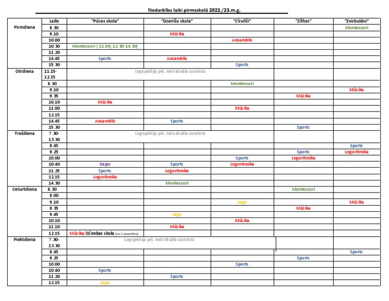 Nodarbību Saraksts Pirmsskolā | PDF