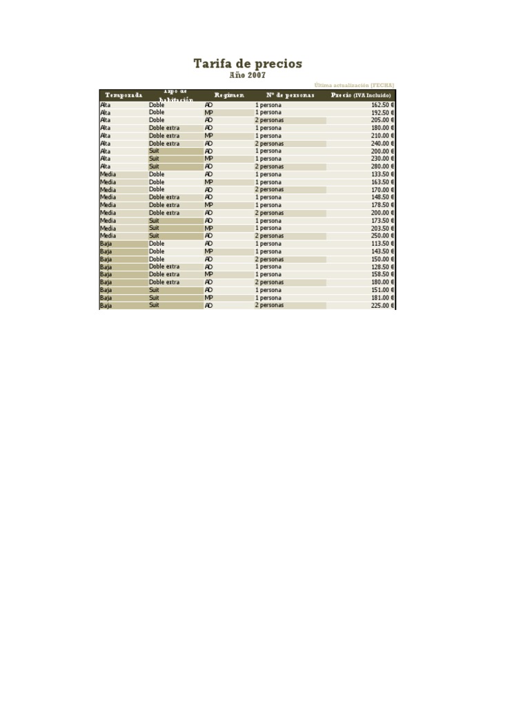 Lista de Tarifas para Hotel | PDF