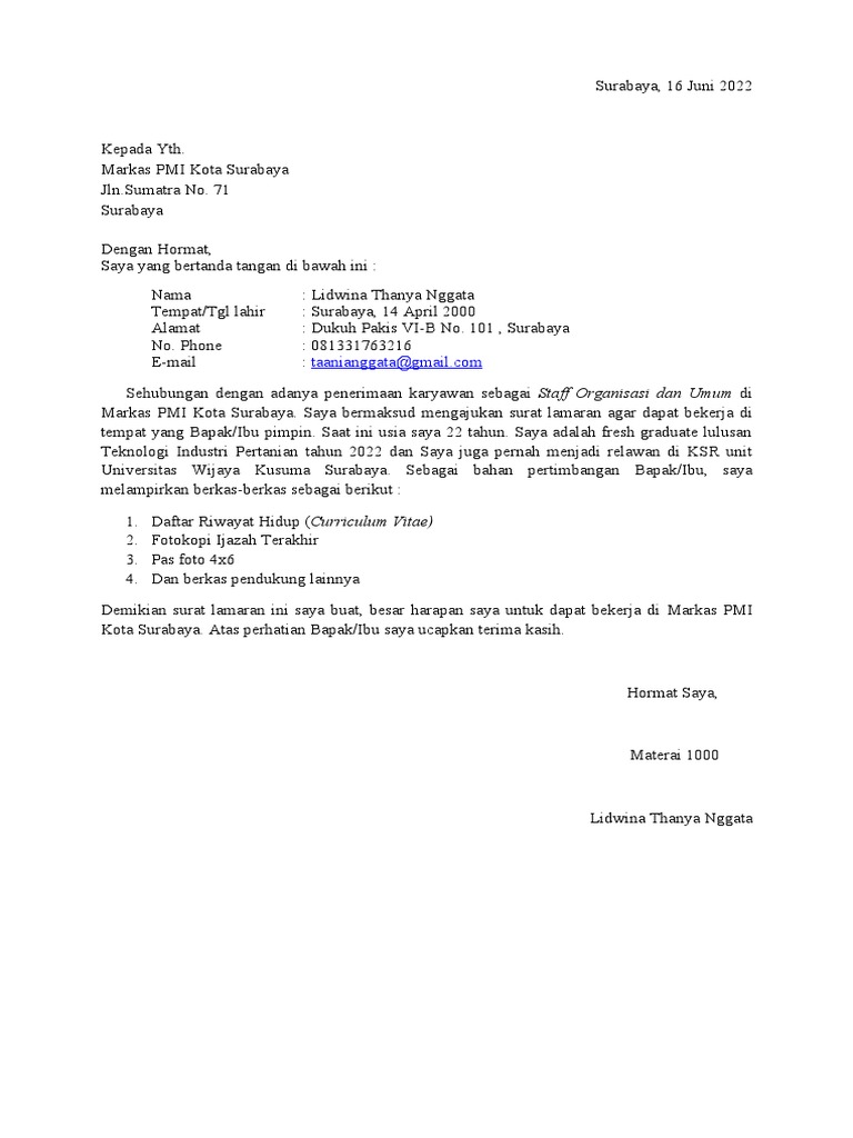 Surat Lamaran Kerja di PMI Surabaya | PDF