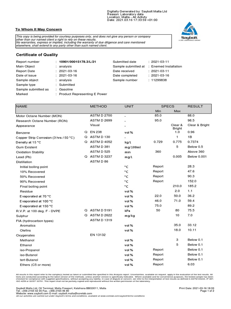 Gasoline Quality Analysis Report | PDF | Chemical Substances | Chemistry