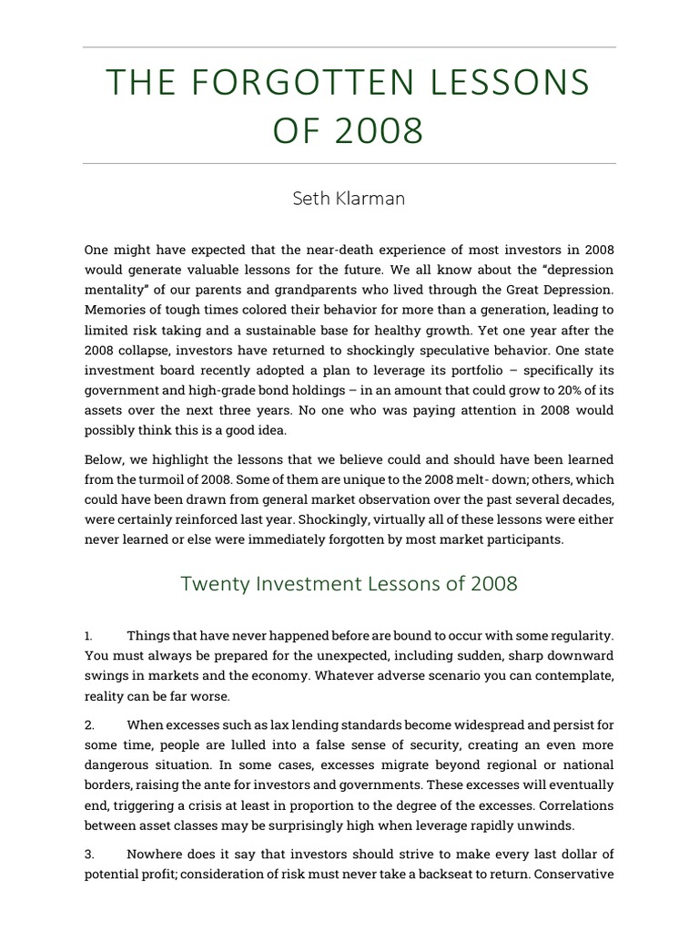 The Forgotten Lessons of 2008 by Seth Klarman | PDF | Leverage (Finance) | Investing