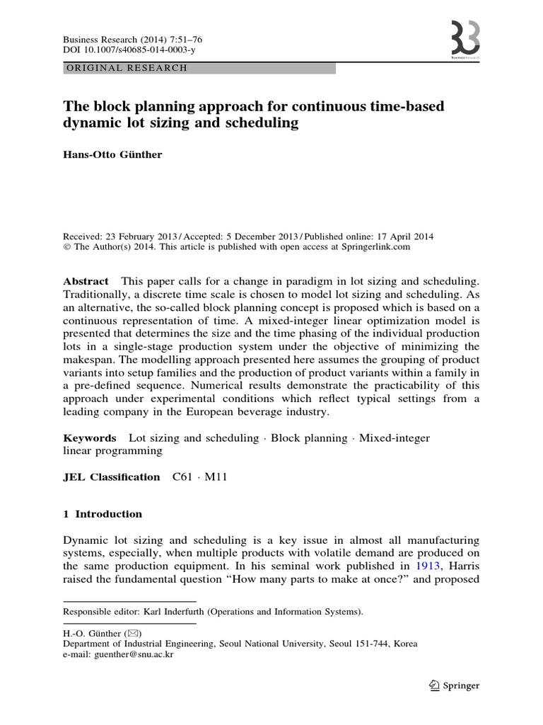 The Block Planning Approach For Continuous Time Based Dynamic Lot Sizing and Scheduling | PDF ...