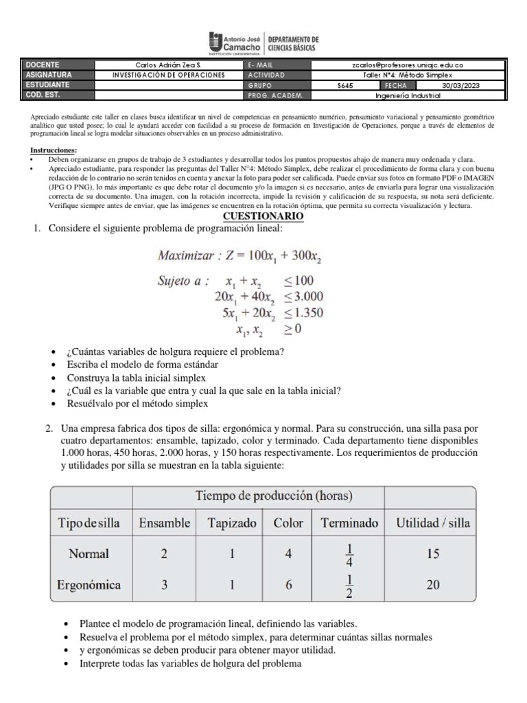 TALLER N°4 - Método Simplex | PDF