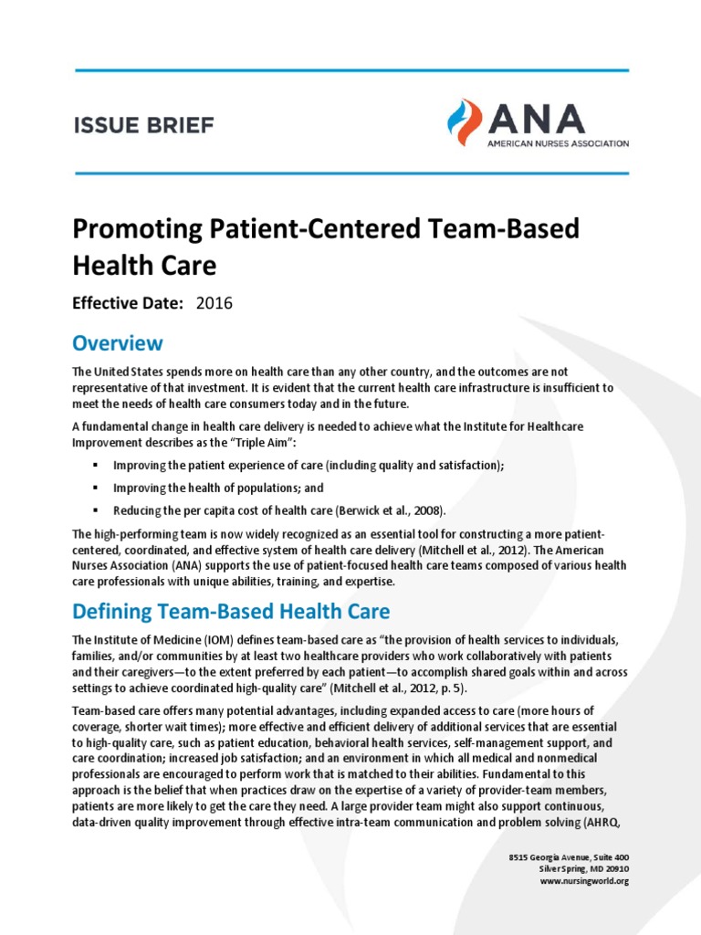 Issue Brief - Patient Centered Team Based Health Care - 2016 | PDF ...
