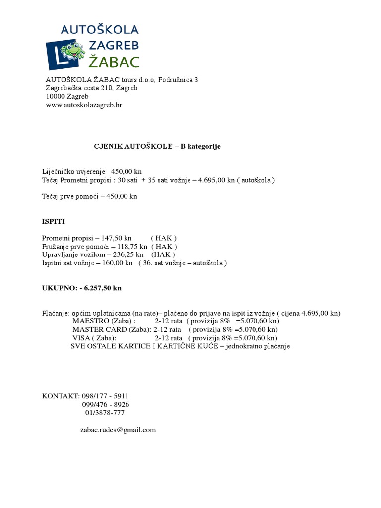 Cjenik B-kat-Zabac Zagreb Rudeš - Akcija - 4695,00 | PDF