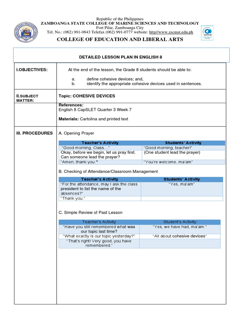 Detailed Lesson Plan: Cohesive Devices | PDF | Teachers | Sentence ...