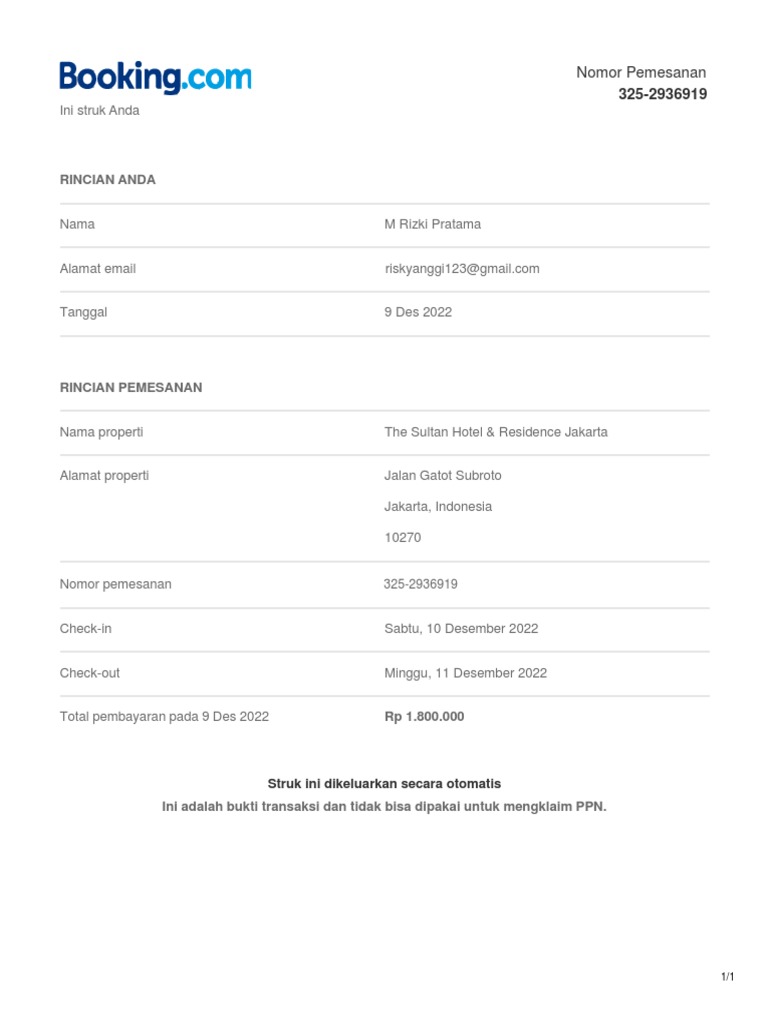 The Sultan Hotel 10-11 Desember (Kode Booking 325-2936919) | PDF