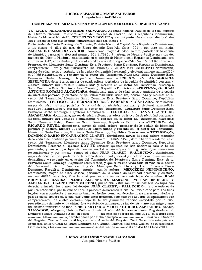 Compulsa Notarial Determinacion de Herederos Juan Claret | PDF ...