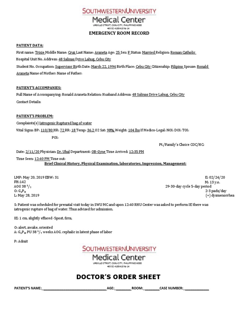 Emergency Room Record: Doctor'S Order Sheet | PDF | Health Care | Medicine