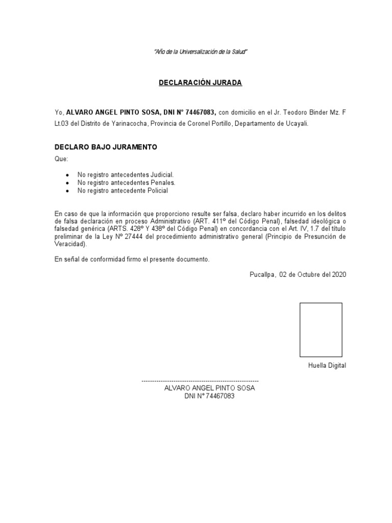 Declaracion Jurada de No Contar Copn Antecedente Policla Ni Penal | PDF