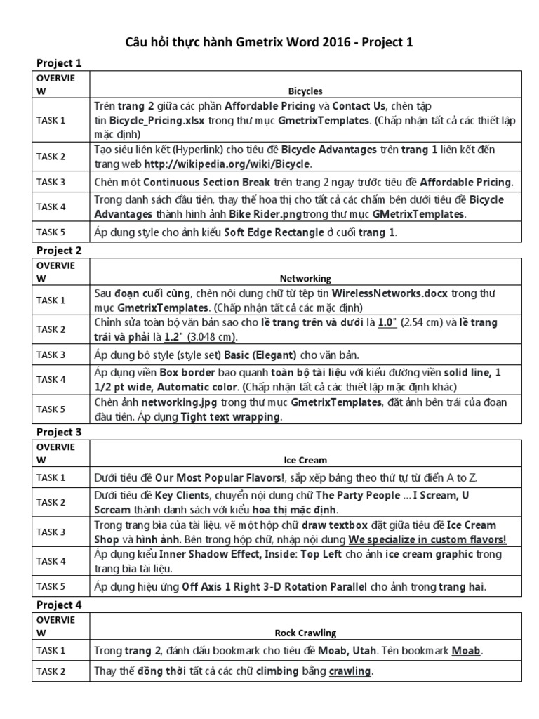 Câu Hỏi Thực Hành Gmetrix Word 2016 | PDF