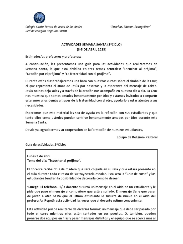 Actividades de Semana Santa en el Colegio | PDF | Oración | Amor