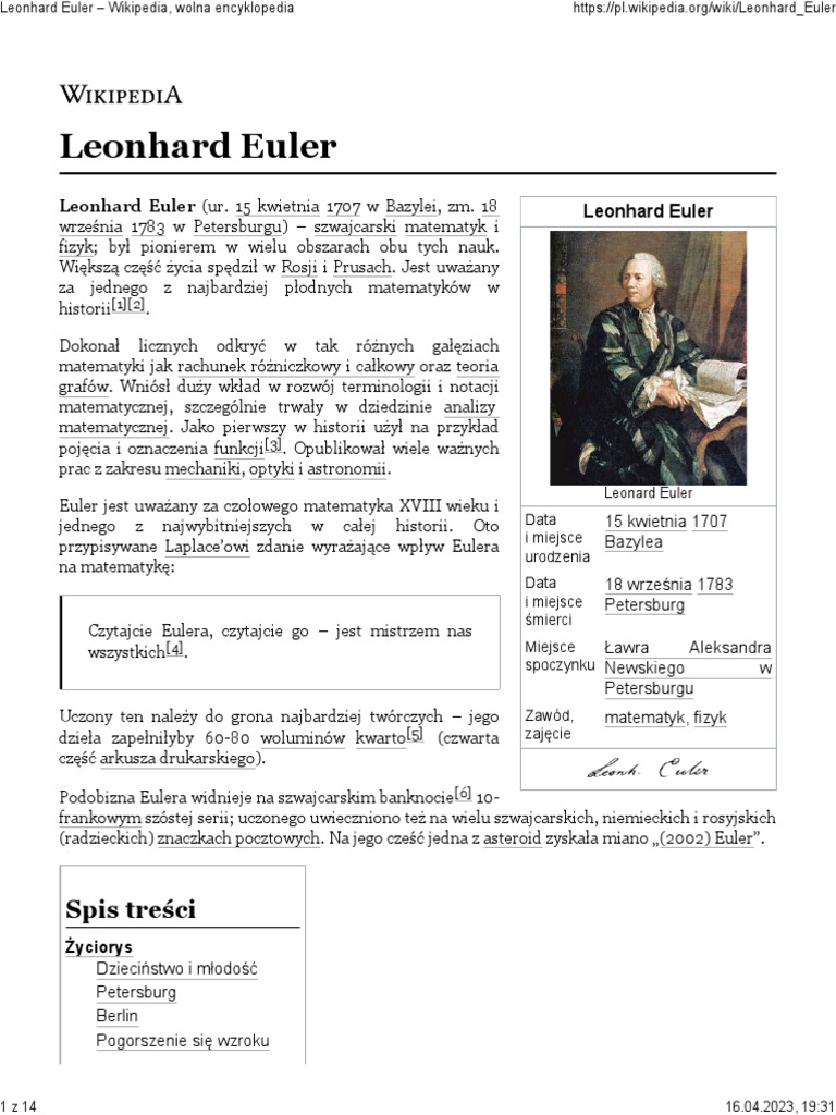 Leonhard Euler - Wikipedia, Wolna Encyklopedia | PDF Leonhard Euler - Wikipedia, Wolna Encyklopedia | PDF