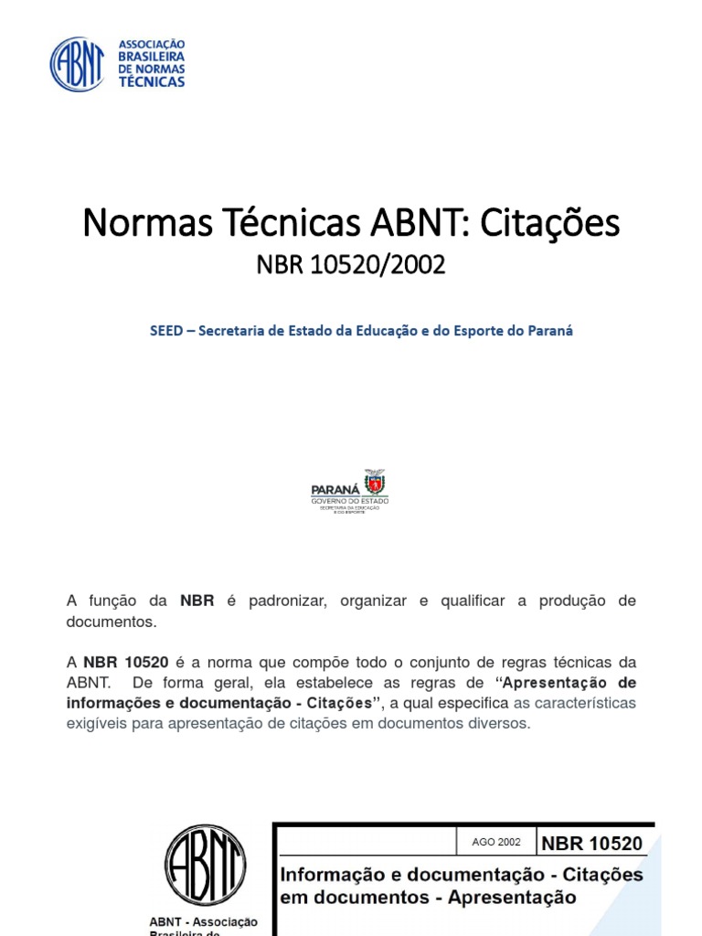 Normas Técnicas ABNT: Citações: SEED - Secretaria de Estado Da Educação ...