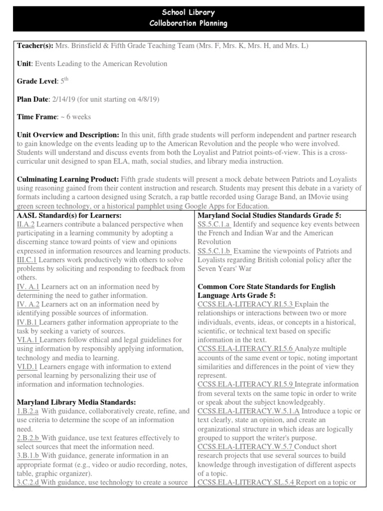 5th Grade American Revolution Unit | PDF | Information | Teachers