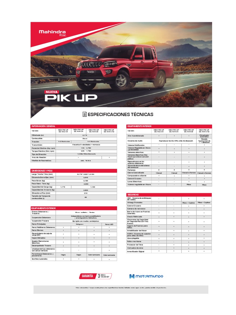 Ficha Mahindra Pik Up. | PDF | Tracción en las cuatro ruedas | Sistema de freno antibloqueo