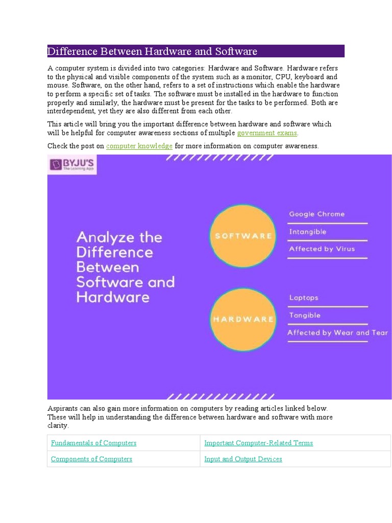 Difference Between Hardware and Software | PDF | Computer Hardware ...