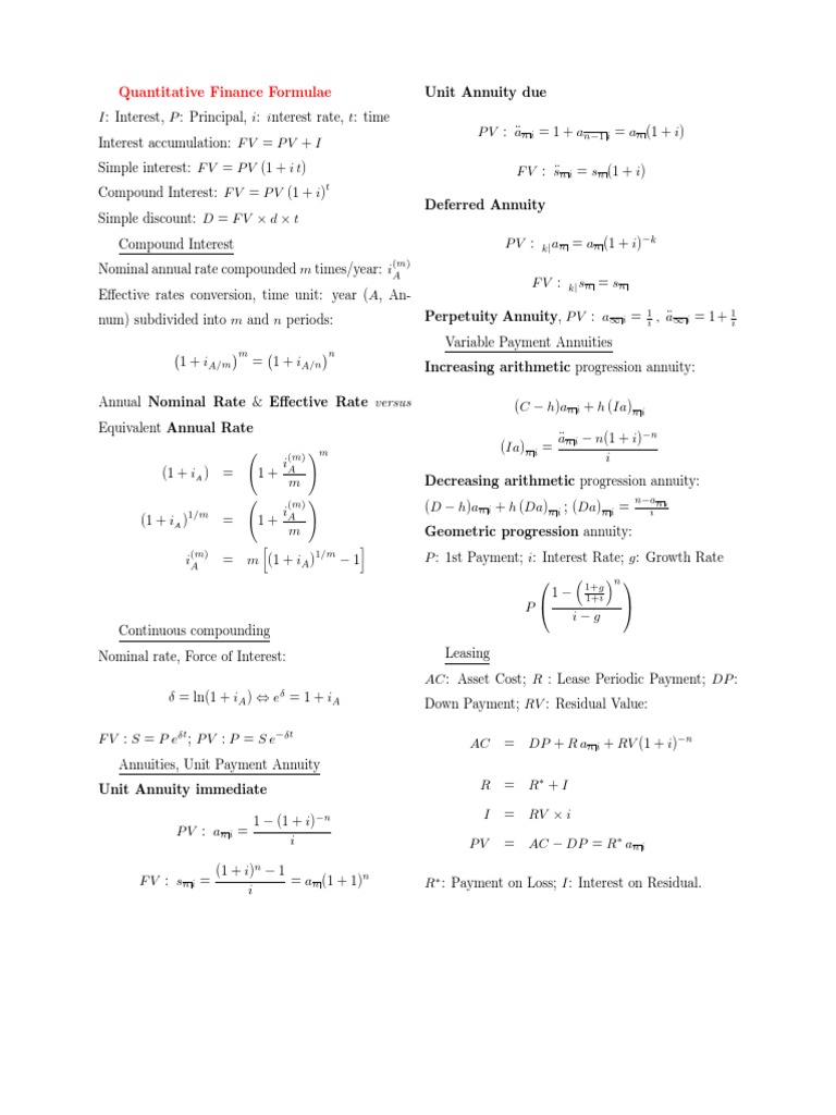 Formula Sheet - Quantitative Finance | PDF | Money | Personal Finance