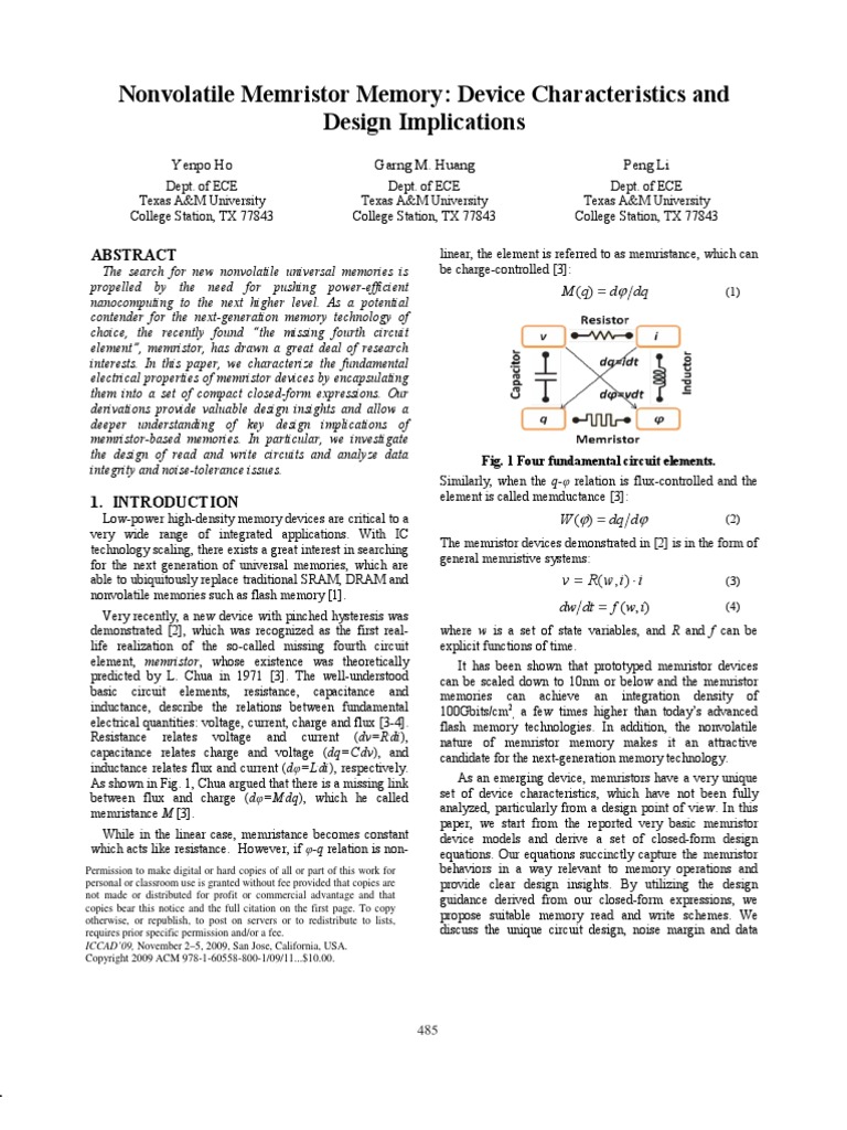 Nonvolatile Memristor Memory: Device Characteristics and Design Implications | PDF | Electronic ...