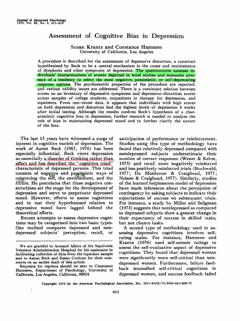 1979-Krantz Assessment of Cognitive Bias in Depression PDF | PDF ...
