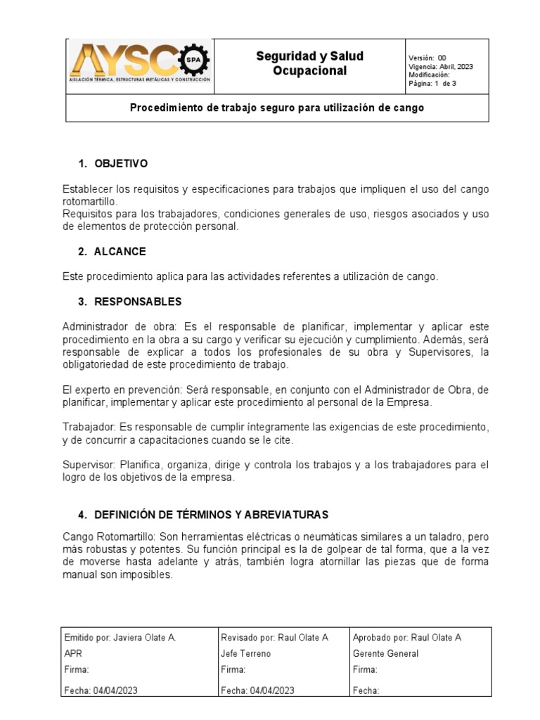 Procedimiento Trabajo Seguro para Cango | PDF | Herramientas