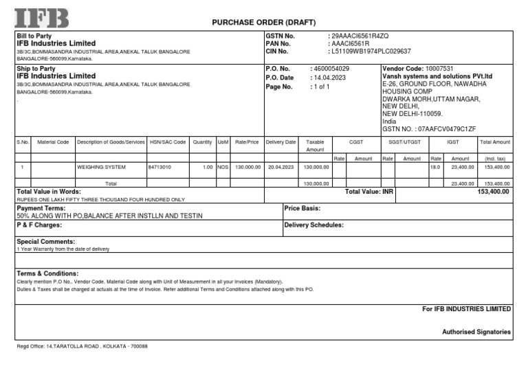 Purchase Order (Draft) IFB Industries Limited | PDF | Government | Taxation