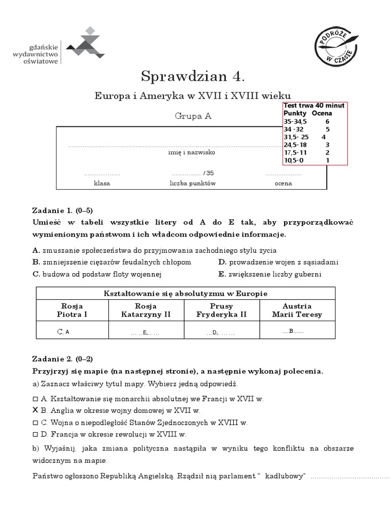 15.05. Sprawdzian-Europa I Ameryka W XVII I XVIII Wieku (1) (1) Sejda | PDF