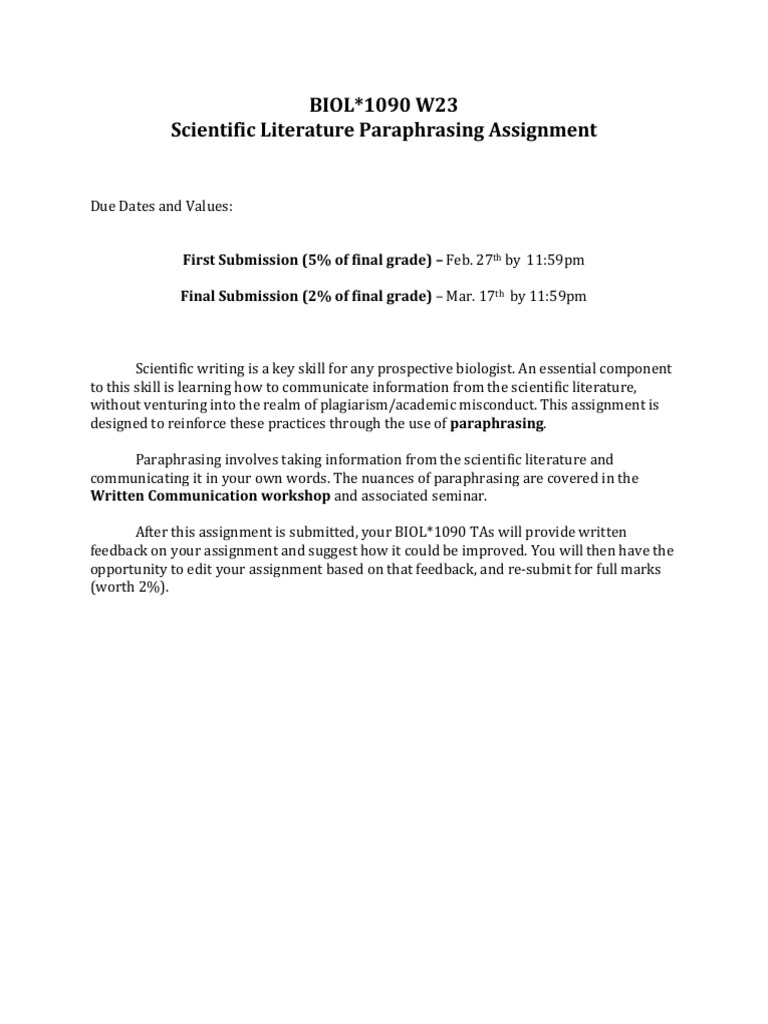 Scientific Literature Paraphrasing Assignment Instructions W23 | PDF | Carcinogenesis | Cell Biology