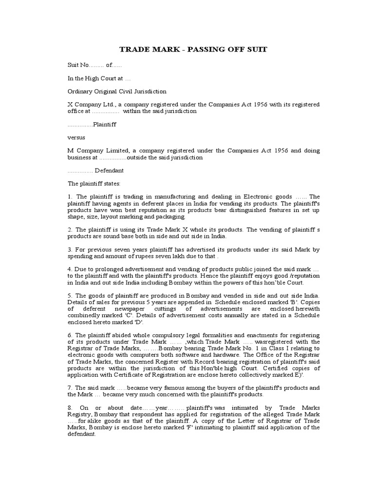 Trade Mark - Passing Off Suit | PDF | Trademark | Lawsuit