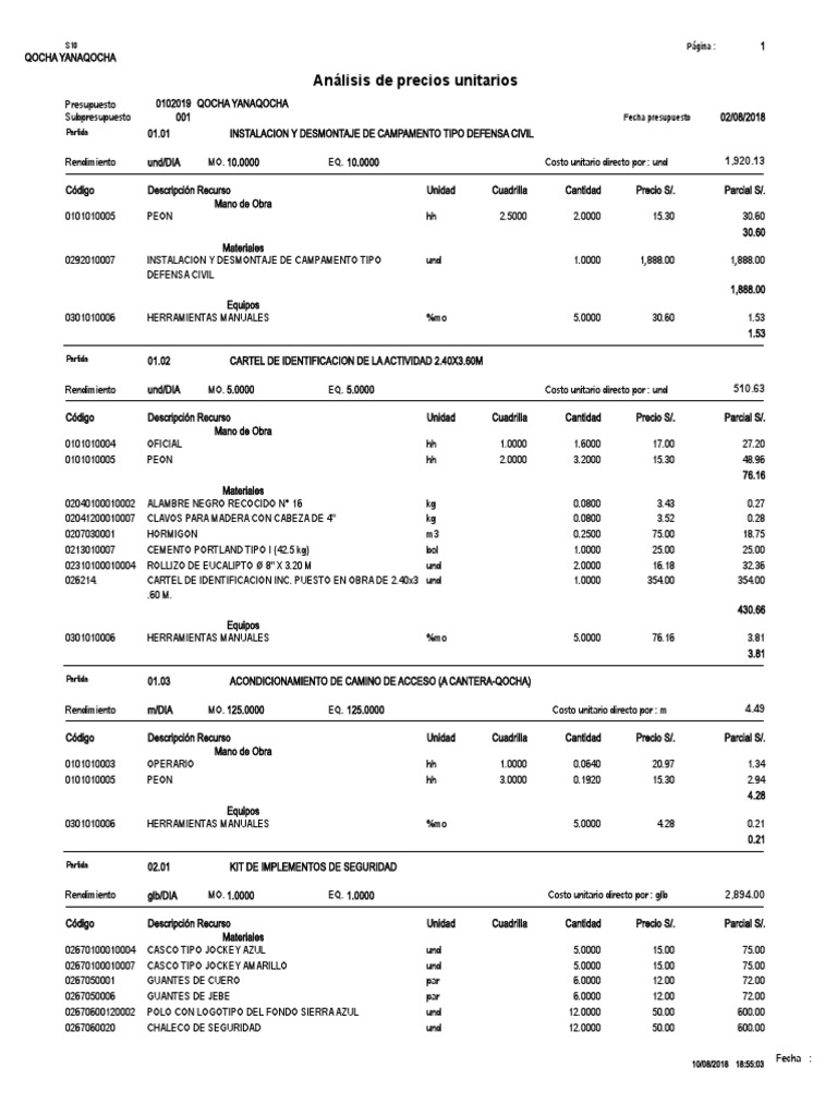 Análisis de Precios Unitarios: Página | PDF | Cemento | Ingeniería de Edificación