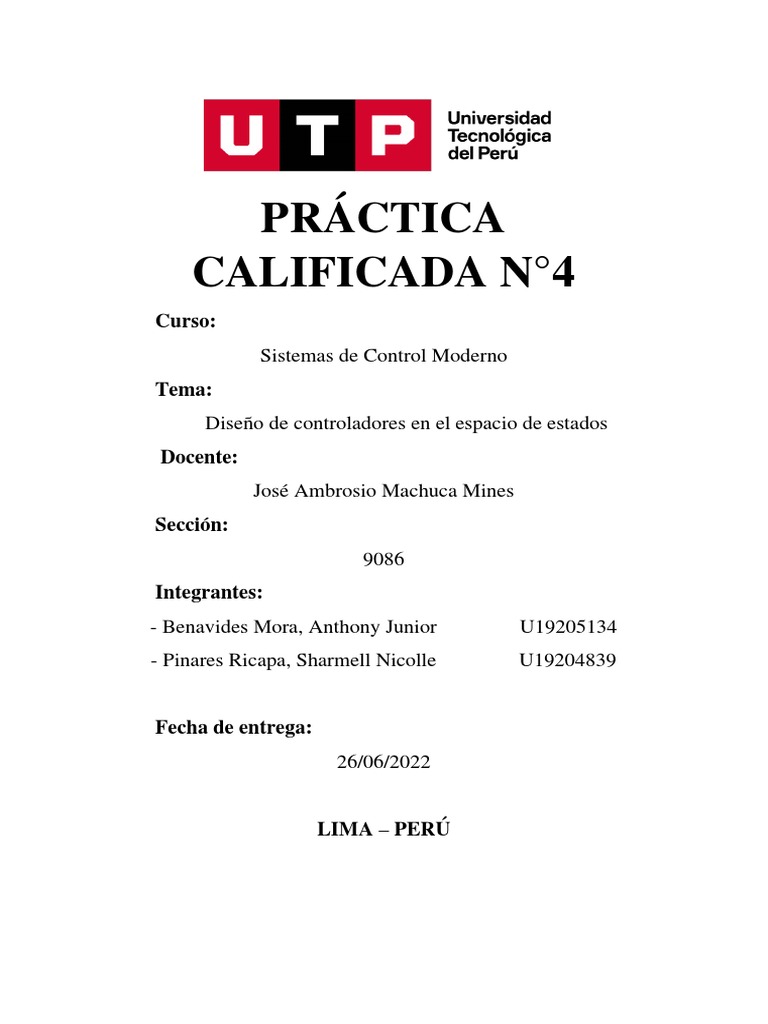 Práctica Calificada 4 - Sistema de Control Moderno | PDF | Sistema de ...