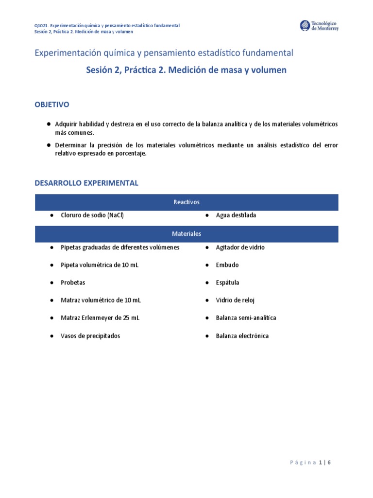 Medición de Masa y Volumen en Química | PDF | Medición | Balanza