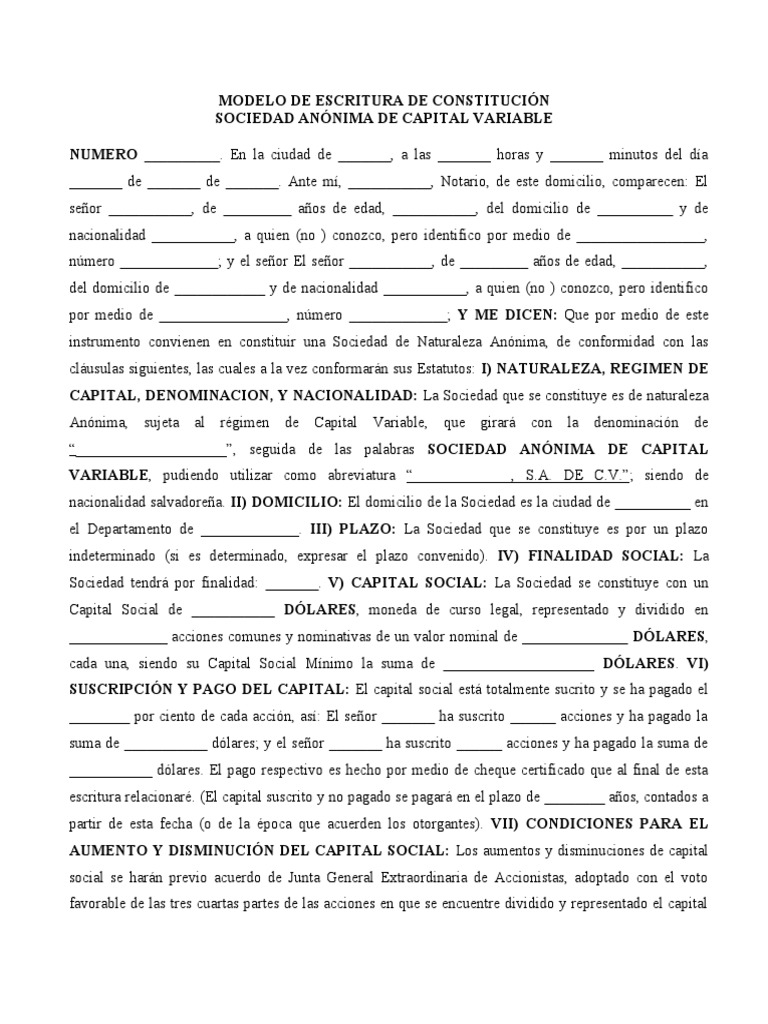 Modelo de Escritura de Constitucion | PDF | Sociedad de responsabilidad limitada | Junta Directiva