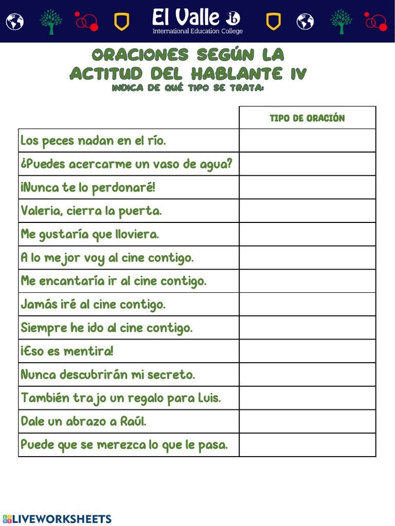 Tipos de Oraciones Sexto Grado Tarea | PDF