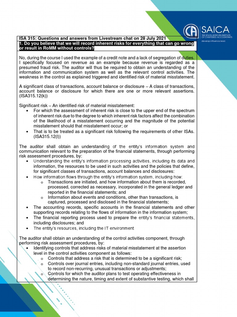 SAICA ISA 315 Revised 2019 Event - Questions and Answers | PDF ...