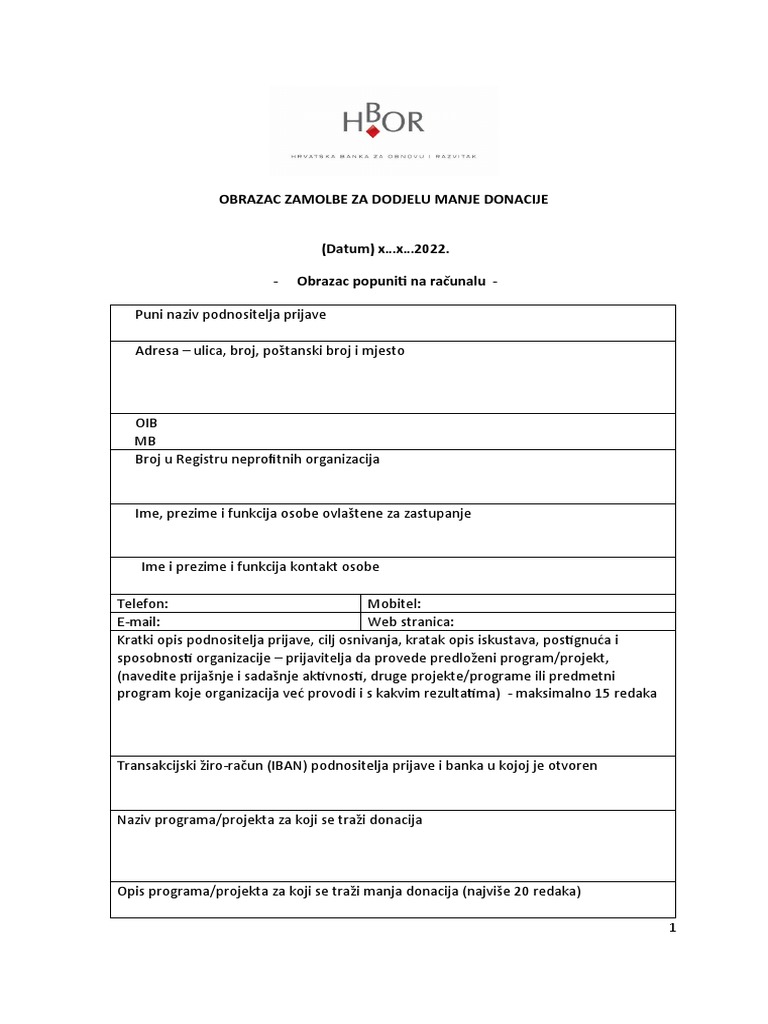 Obrazac Zamolbe Za Dodjelu Manje Donacije 2022 | PDF