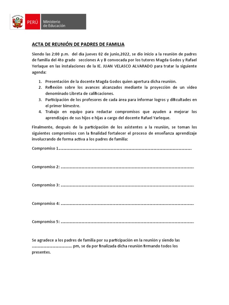 ACTA DE REUNIÓN DE PADRES DE FAMILIA | PDF